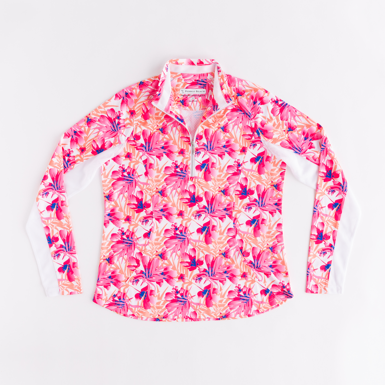 Pebble Beach Floral Print Textured Quarter Zip Pull Over Pga Tour